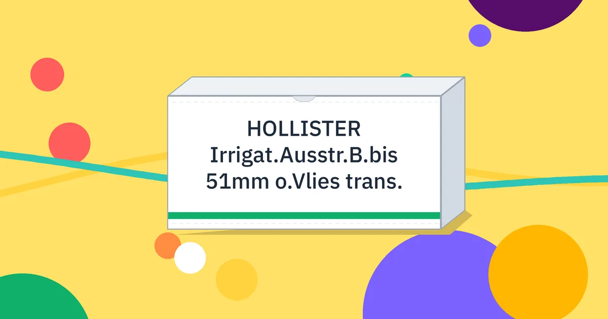 Symbolbild: Packung mit der Aufschrift HOLLISTER Irrigat.Ausstr.B.bis 51mm o.Vlies trans. (PZN 02138961) – Verfügbarkeit und Bezug in Apotheken in Frankfurt am Main