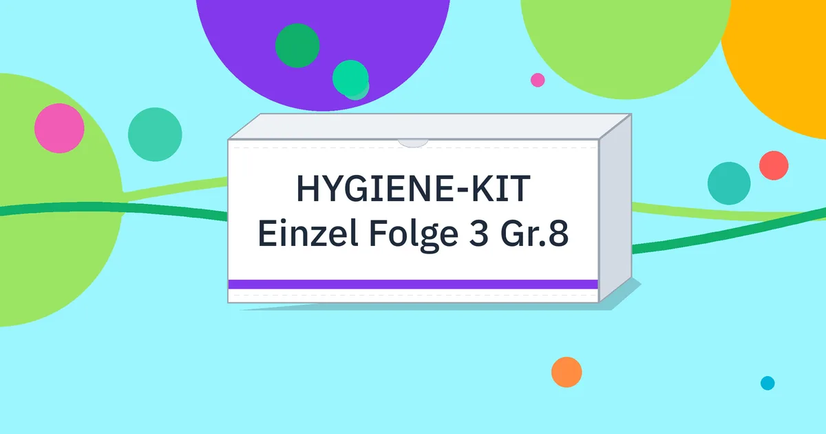 Symbolbild: Packung mit der Aufschrift HYGIENE-KIT Einzel Folge 3 Gr.8 (PZN 17443569) – Verfügbarkeit und Bezug in Apotheken in Frankfurt am Main