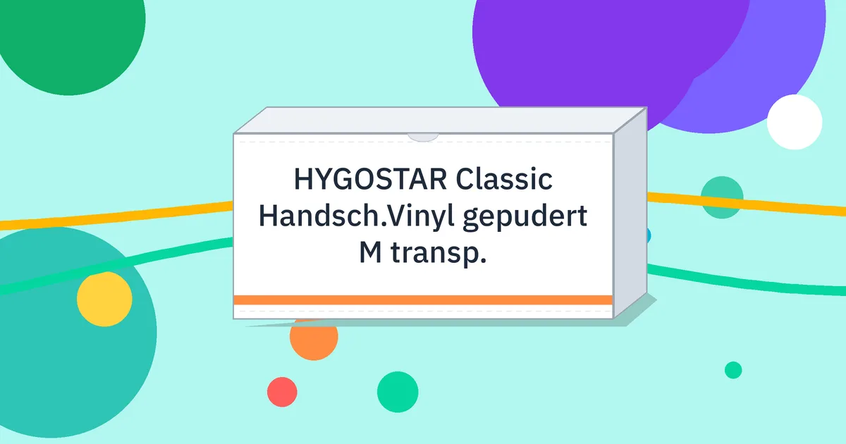 Symbolbild: Packung mit der Aufschrift HYGOSTAR Classic Handsch.Vinyl gepudert M transp. (PZN 20772199) – Verfügbarkeit und Bezug in Apotheken in Frankfurt am Main
