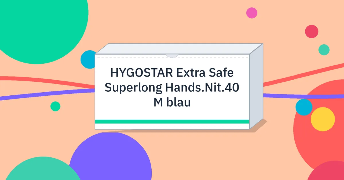 Symbolbild: Packung mit der Aufschrift HYGOSTAR Extra Safe Superlong Hands.Nit.40 M blau (PZN 20772621) – Verfügbarkeit und Bezug in Apotheken in Frankfurt am Main