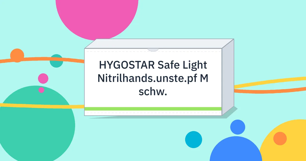 Symbolbild: Packung mit der Aufschrift HYGOSTAR Safe Light Nitrilhands.unste.pf M schw. (PZN 20775074) – Verfügbarkeit und Bezug in Apotheken in Frankfurt am Main