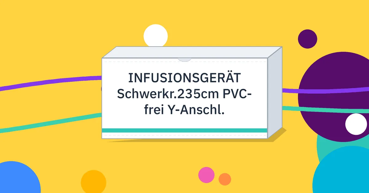 Symbolbild: Packung mit der Aufschrift INFUSIONSGERÄT Schwerkr.235cm PVC-frei Y-Anschl. (PZN 19893940) – Verfügbarkeit und Bezug in Apotheken in Frankfurt am Main