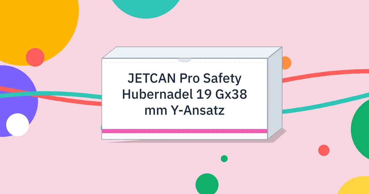 Symbolbild: Packung mit der Aufschrift JETCAN Pro Safety Hubernadel 19 Gx38 mm Y-Ansatz (PZN 19420986) – Verfügbarkeit und Bezug in Apotheken in Frankfurt am Main