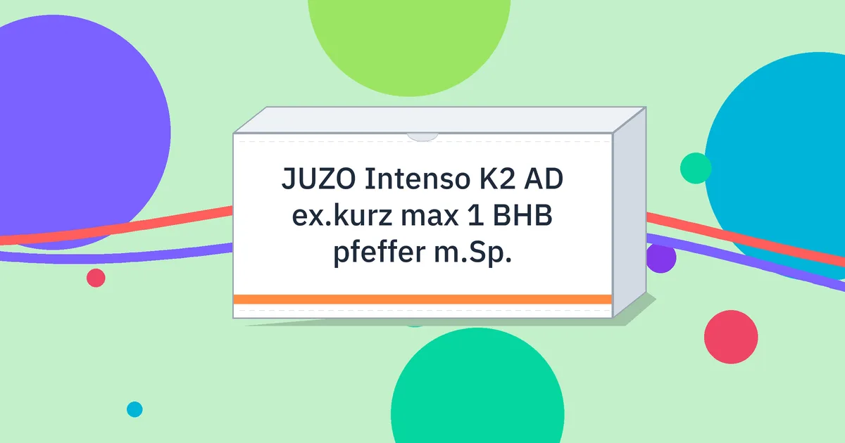 Symbolbild: Packung mit der Aufschrift JUZO Intenso K2 AD ex.kurz max 1 BHB pfeffer m.Sp. (PZN 18613708) – Verfügbarkeit und Bezug in Apotheken in Frankfurt am Main