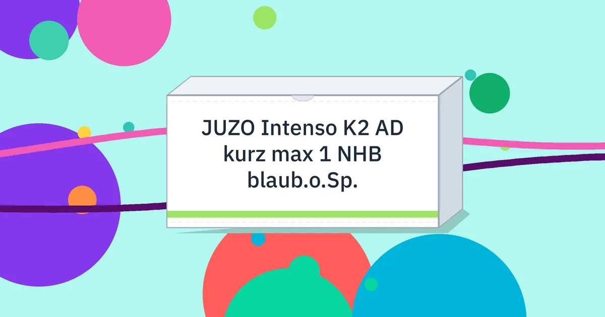 Symbolbild: Packung mit der Aufschrift JUZO Intenso K2 AD kurz max 1 NHB blaub.o.Sp. (PZN 18622736) – Verfügbarkeit und Bezug in Apotheken in Frankfurt am Main
