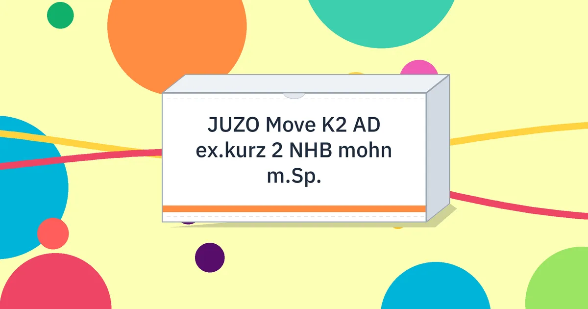 Symbolbild: Packung mit der Aufschrift JUZO Move K2 AD ex.kurz 2 NHB mohn m.Sp. (PZN 18541788) – Verfügbarkeit und Bezug in Apotheken in Frankfurt am Main