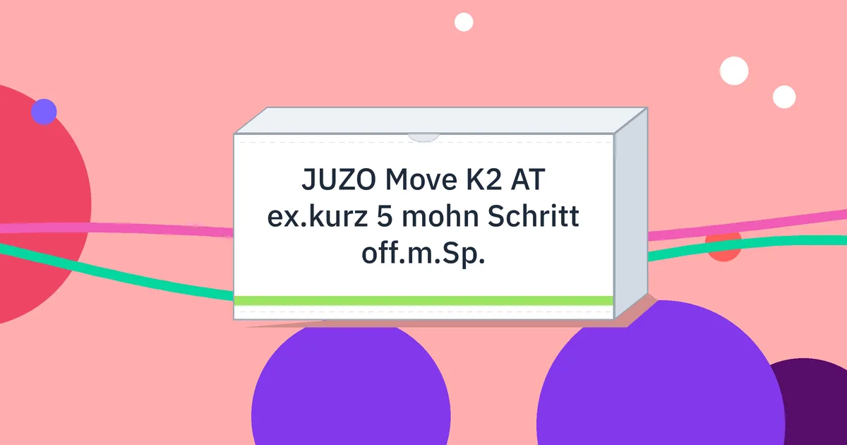 Symbolbild: Packung mit der Aufschrift JUZO Move K2 AT ex.kurz 5 mohn Schritt off.m.Sp. (PZN 20671506) – Verfügbarkeit und Bezug in Apotheken in Frankfurt am Main
