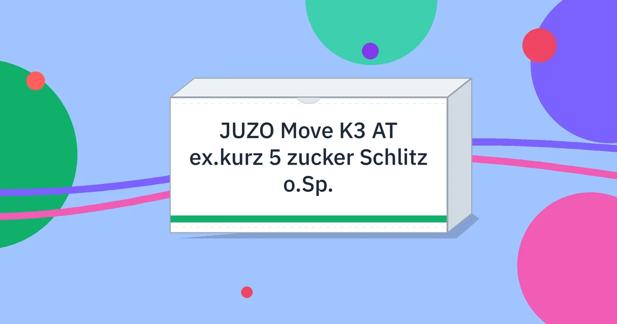 Symbolbild: Packung mit der Aufschrift JUZO Move K3 AT ex.kurz 5 zucker Schlitz o.Sp. (PZN 20682390) – Verfügbarkeit und Bezug in Apotheken in Frankfurt am Main