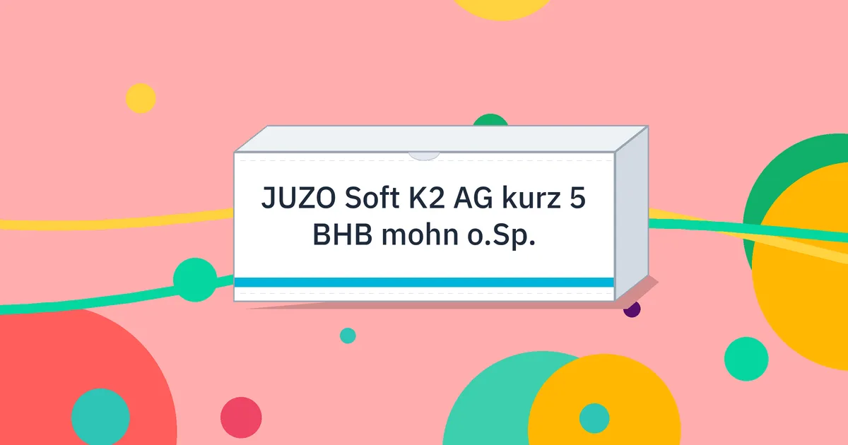 Symbolbild: Packung mit der Aufschrift JUZO Soft K2 AG kurz 5 BHB mohn o.Sp. (PZN 14827128) – Verfügbarkeit und Bezug in Apotheken in Frankfurt am Main