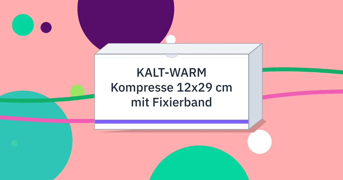 Symbolbild: Packung mit der Aufschrift KALT-WARM Kompresse 12x29 cm mit Fixierband (PZN 01821242) – Verfügbarkeit und Bezug in Apotheken in Frankfurt am Main