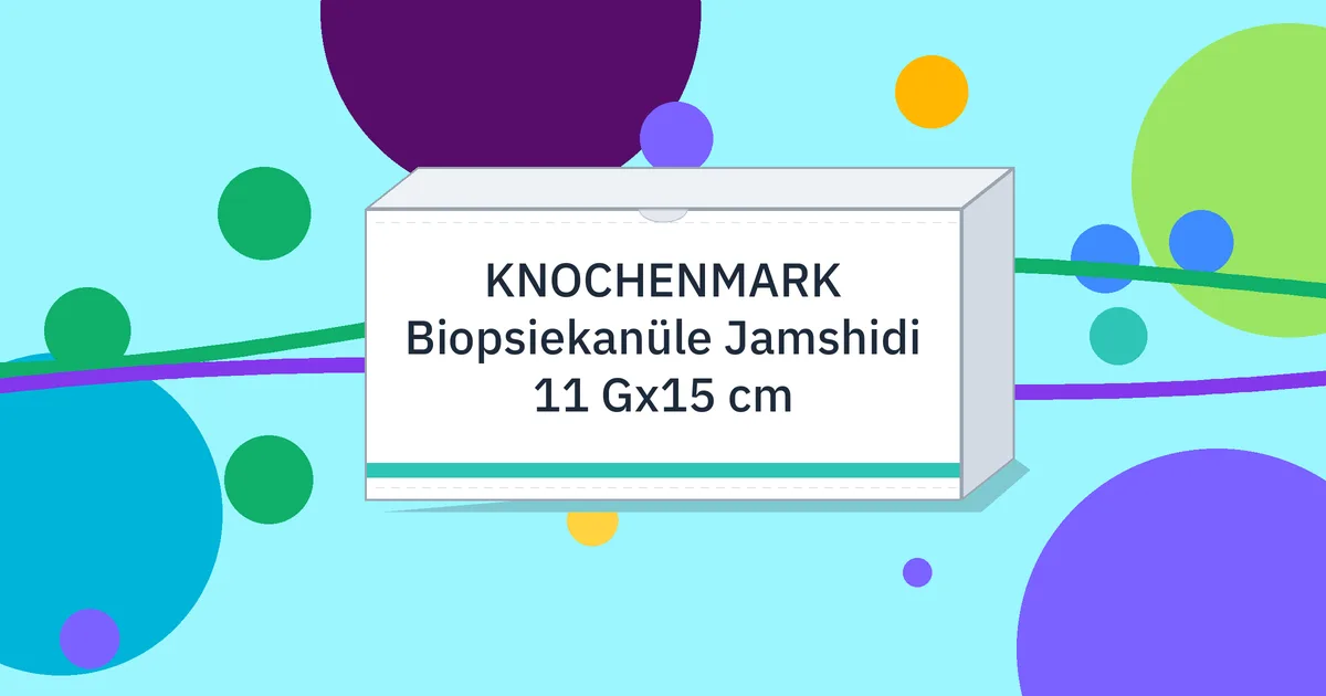 Symbolbild: Packung mit der Aufschrift KNOCHENMARK Biopsiekanüle Jamshidi 11 Gx15 cm (PZN 07098350) – Verfügbarkeit und Bezug in Apotheken in Frankfurt am Main