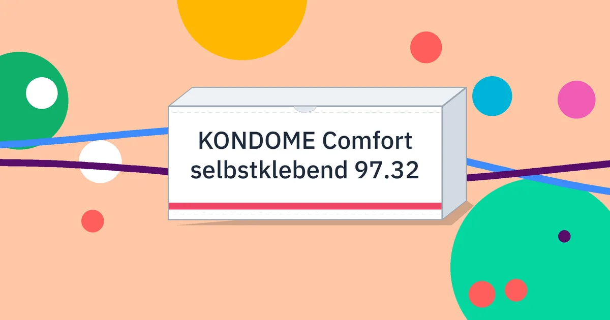 Symbolbild: Packung mit der Aufschrift KONDOME Comfort selbstklebend 97.32 (PZN 00590734) – Verfügbarkeit und Bezug in Apotheken in Frankfurt am Main