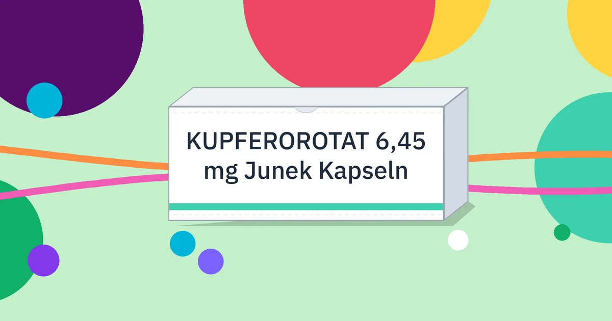 Symbolbild: Packung mit der Aufschrift KUPFEROROTAT 6,45 mg Junek Kapseln (PZN 11658636) – Verfügbarkeit und Bezug in Apotheken in Frankfurt am Main