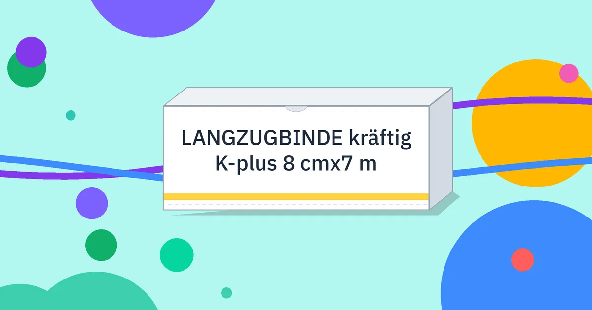 Symbolbild: Packung mit der Aufschrift LANGZUGBINDE kräftig K-plus 8 cmx7 m (PZN 11058735) – Verfügbarkeit und Bezug in Apotheken in Frankfurt am Main