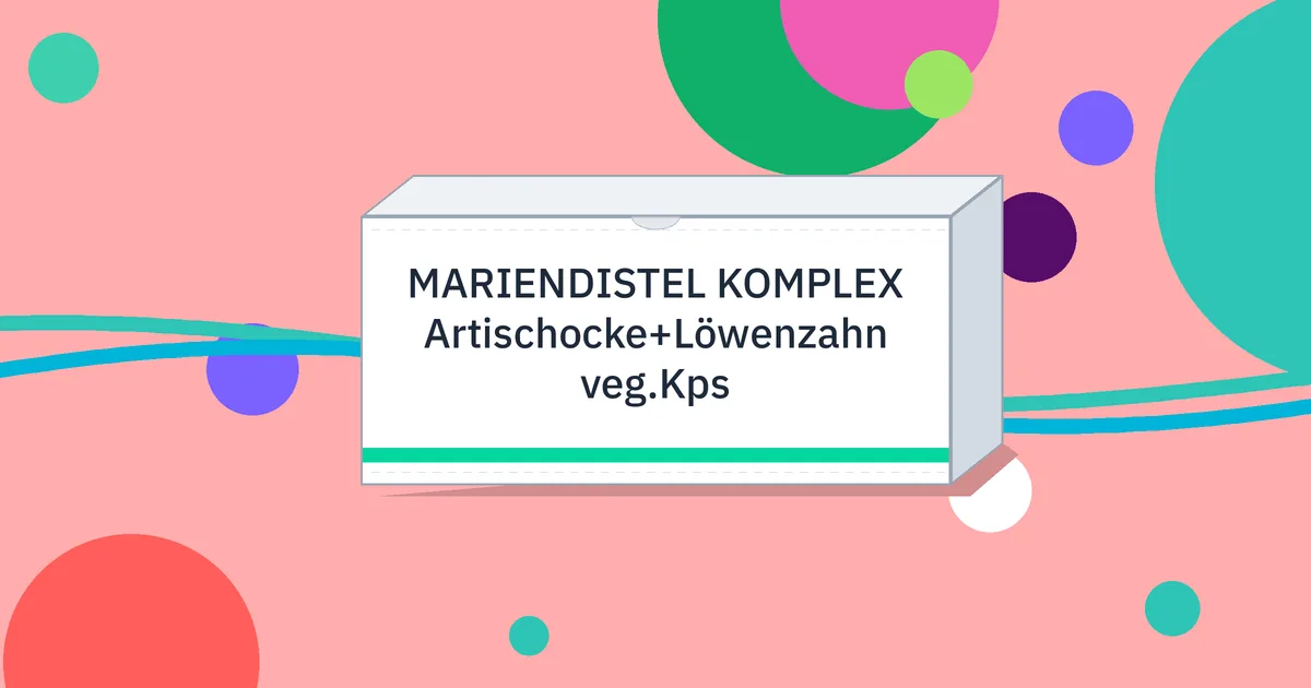 Symbolbild: Packung mit der Aufschrift MARIENDISTEL KOMPLEX Artischocke+Löwenzahn veg.Kps (PZN 18601102) – Verfügbarkeit und Bezug in Apotheken in Frankfurt am Main