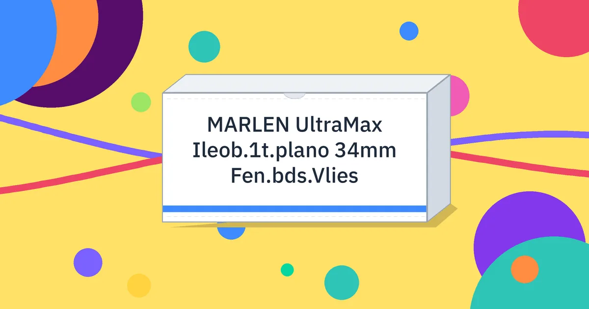 Symbolbild: Packung mit der Aufschrift MARLEN UltraMax Ileob.1t.plano 34mm Fen.bds.Vlies (PZN 05354613) – Verfügbarkeit und Bezug in Apotheken in Frankfurt am Main