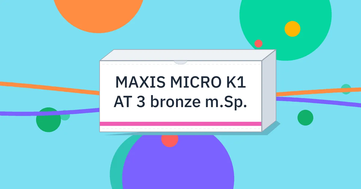 Symbolbild: Packung mit der Aufschrift MAXIS MICRO K1 AT 3 bronze m.Sp. (PZN 17671394) – Verfügbarkeit und Bezug in Apotheken in Frankfurt am Main