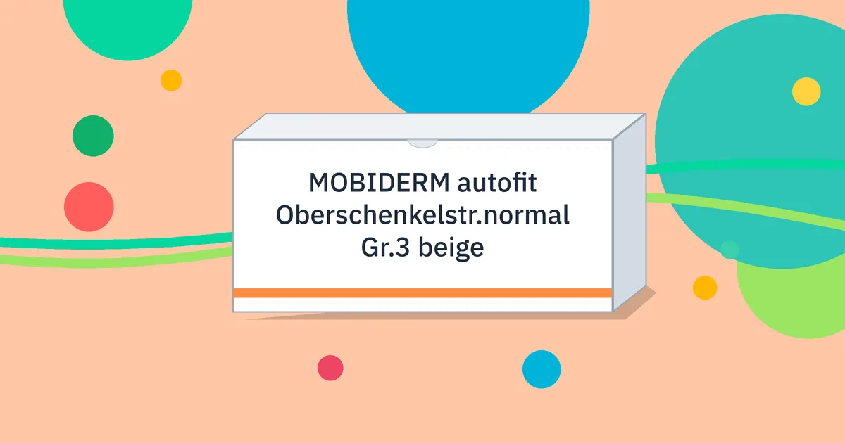 Symbolbild: Packung mit der Aufschrift MOBIDERM autofit Oberschenkelstr.normal Gr.3 beige (PZN 13970177) – Verfügbarkeit und Bezug in Apotheken in Frankfurt am Main