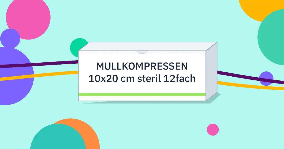 Symbolbild: Packung mit der Aufschrift MULLKOMPRESSEN 10x20 cm steril 12fach (PZN 07216358) – Verfügbarkeit und Bezug in Apotheken in Frankfurt am Main