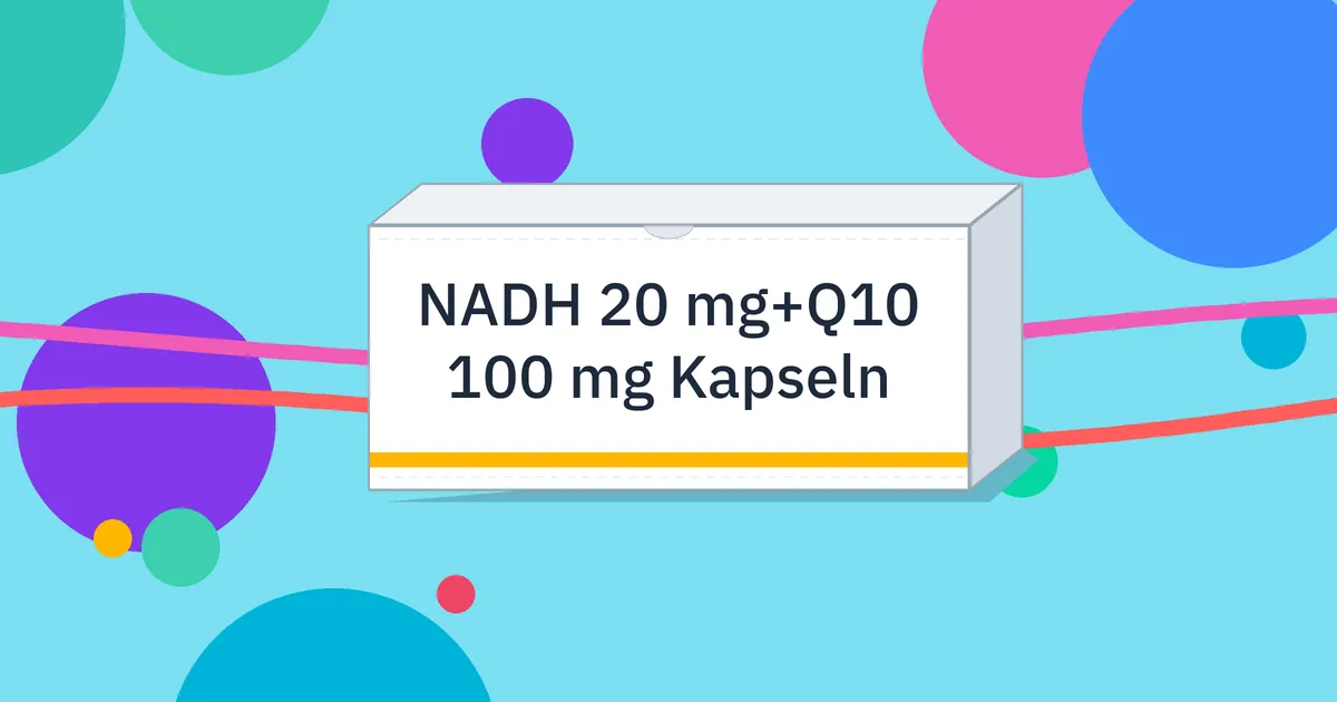 Symbolbild: Packung mit der Aufschrift NADH 20 mg+Q10 100 mg Kapseln (PZN 14291917) – Verfügbarkeit und Bezug in Apotheken in Frankfurt am Main