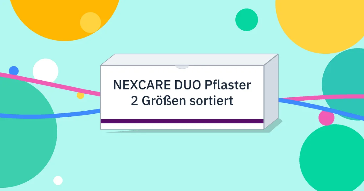 Symbolbild: Packung mit der Aufschrift NEXCARE DUO Pflaster 2 Größen sortiert (PZN 17425413) – Verfügbarkeit und Bezug in Apotheken in Frankfurt am Main