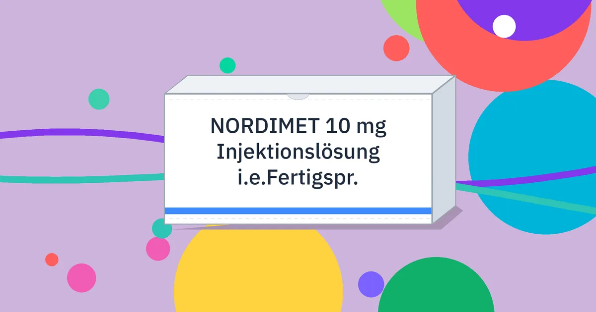 Symbolbild: Packung mit der Aufschrift NORDIMET 10 mg Injektionslösung i.e.Fertigspr. (PZN 15264779) – Verfügbarkeit und Bezug in Apotheken in Frankfurt am Main