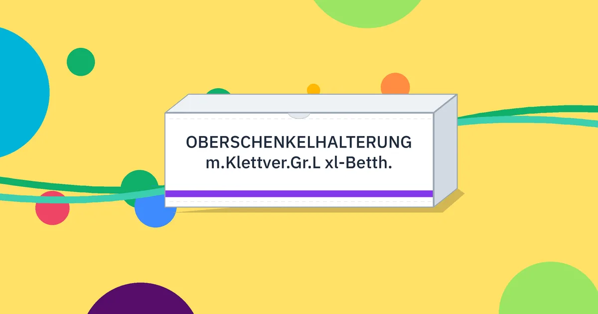 Symbolbild: Packung mit der Aufschrift OBERSCHENKELHALTERUNG m.Klettver.Gr.L xl-Betth. (PZN 13585746) – Verfügbarkeit und Bezug in Apotheken in Frankfurt am Main