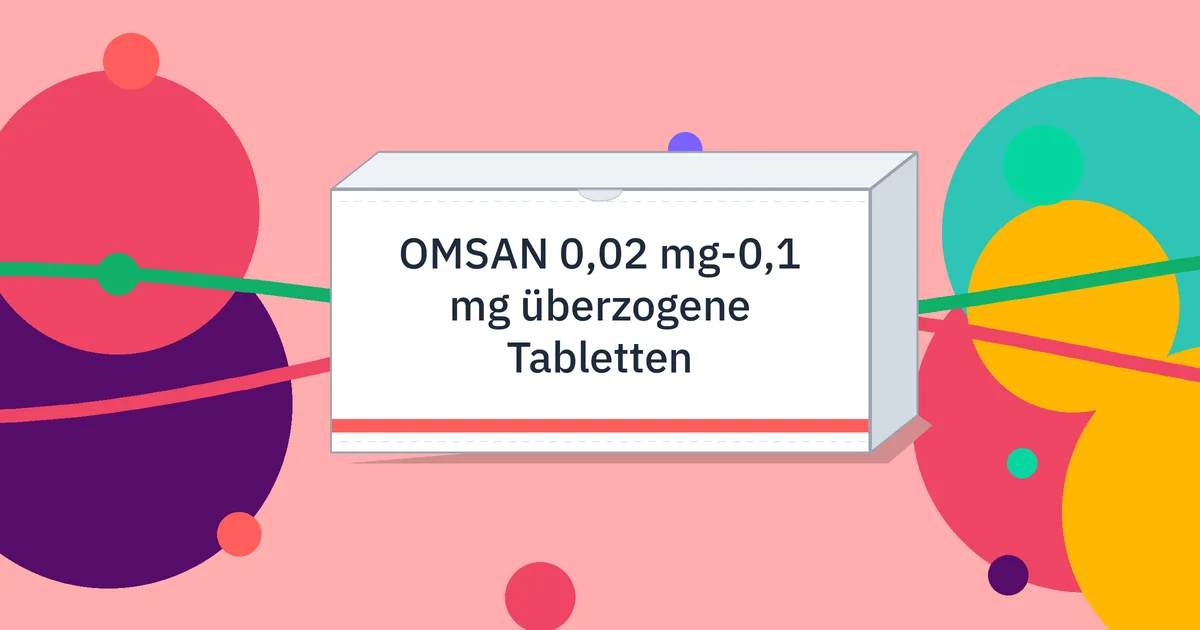 Symbolbild: Packung mit der Aufschrift OMSAN 0,02 mg-0,1 mg überzogene Tabletten (PZN 16569191) – Verfügbarkeit und Bezug in Apotheken in Frankfurt am Main