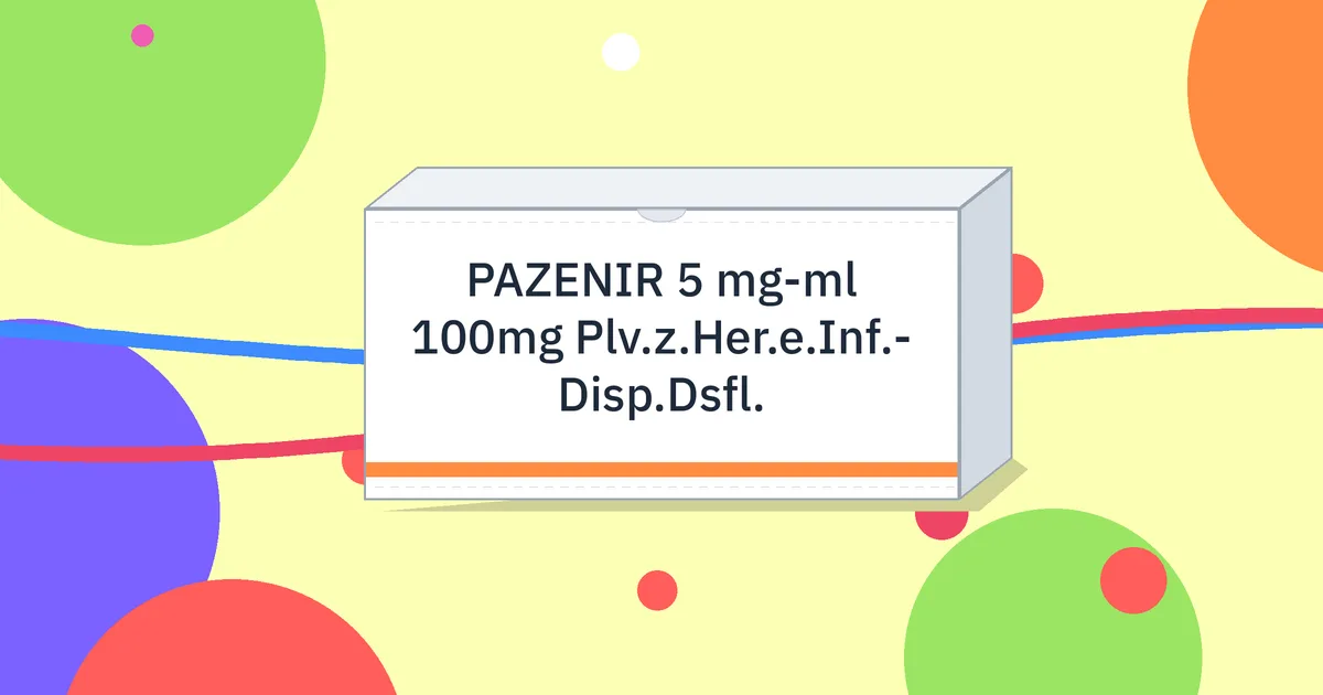 Symbolbild: Packung mit der Aufschrift PAZENIR 5 mg-ml 100mg Plv.z.Her.e.Inf.-Disp.Dsfl. (PZN 18047083) – Verfügbarkeit und Bezug in Apotheken in Frankfurt am Main