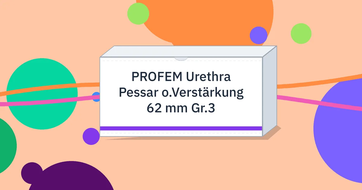 Symbolbild: Packung mit der Aufschrift PROFEM Urethra Pessar o.Verstärkung 62 mm Gr.3 (PZN 11673340) – Verfügbarkeit und Bezug in Apotheken in Frankfurt am Main