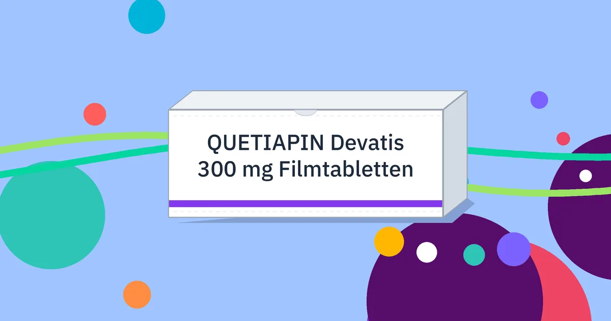 Symbolbild: Packung mit der Aufschrift QUETIAPIN Devatis 300 mg Filmtabletten (PZN 11484113) – Verfügbarkeit und Bezug in Apotheken in Frankfurt am Main