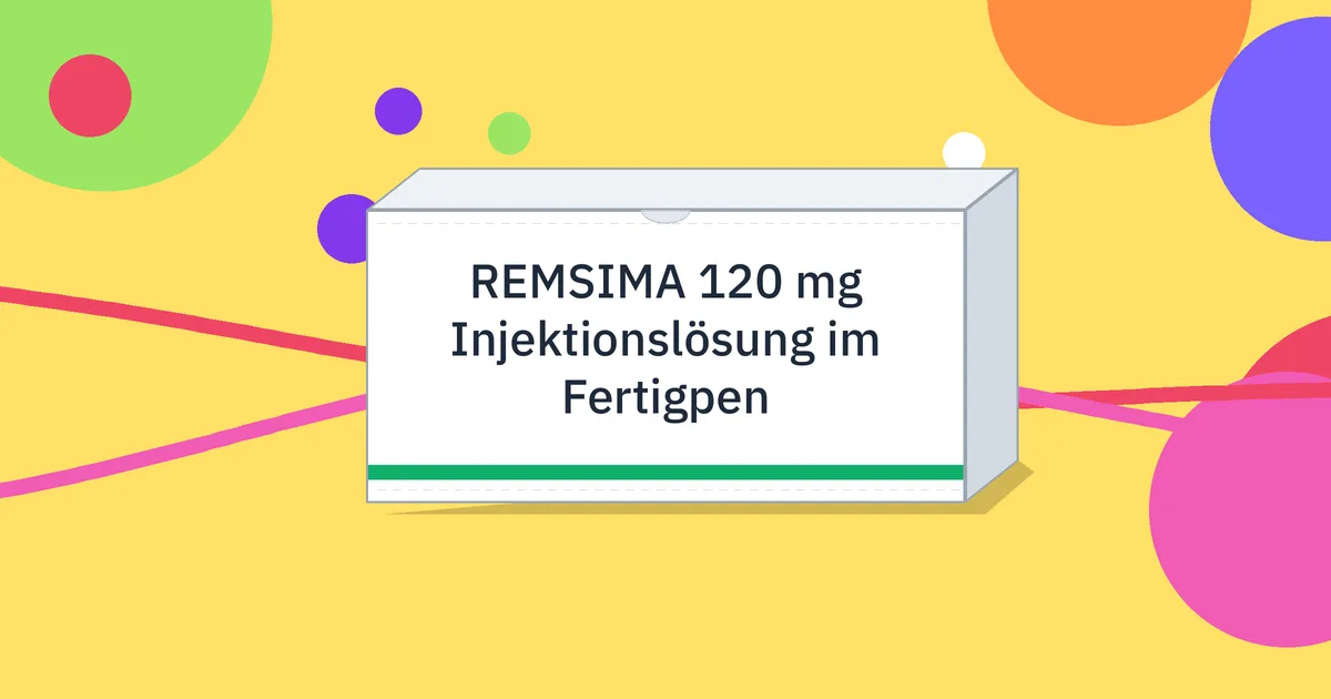 Symbolbild: Packung mit der Aufschrift REMSIMA 120 mg Injektionslösung im Fertigpen (PZN 20828818) – Verfügbarkeit und Bezug in Apotheken in Frankfurt am Main