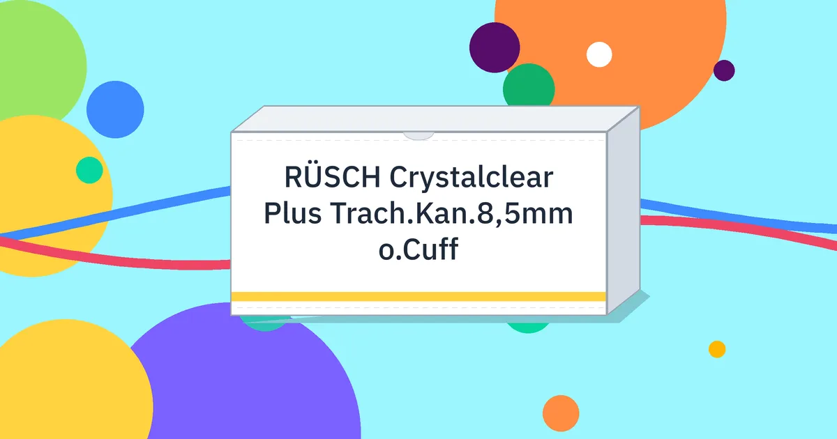 Symbolbild: Packung mit der Aufschrift RÜSCH Crystalclear Plus Trach.Kan.8,5mm o.Cuff (PZN 03433969) – Verfügbarkeit und Bezug in Apotheken in Frankfurt am Main