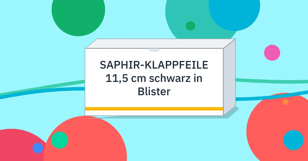 Symbolbild: Packung mit der Aufschrift SAPHIR-KLAPPFEILE 11,5 cm schwarz in Blister (PZN 18155298) – Verfügbarkeit und Bezug in Apotheken in Frankfurt am Main