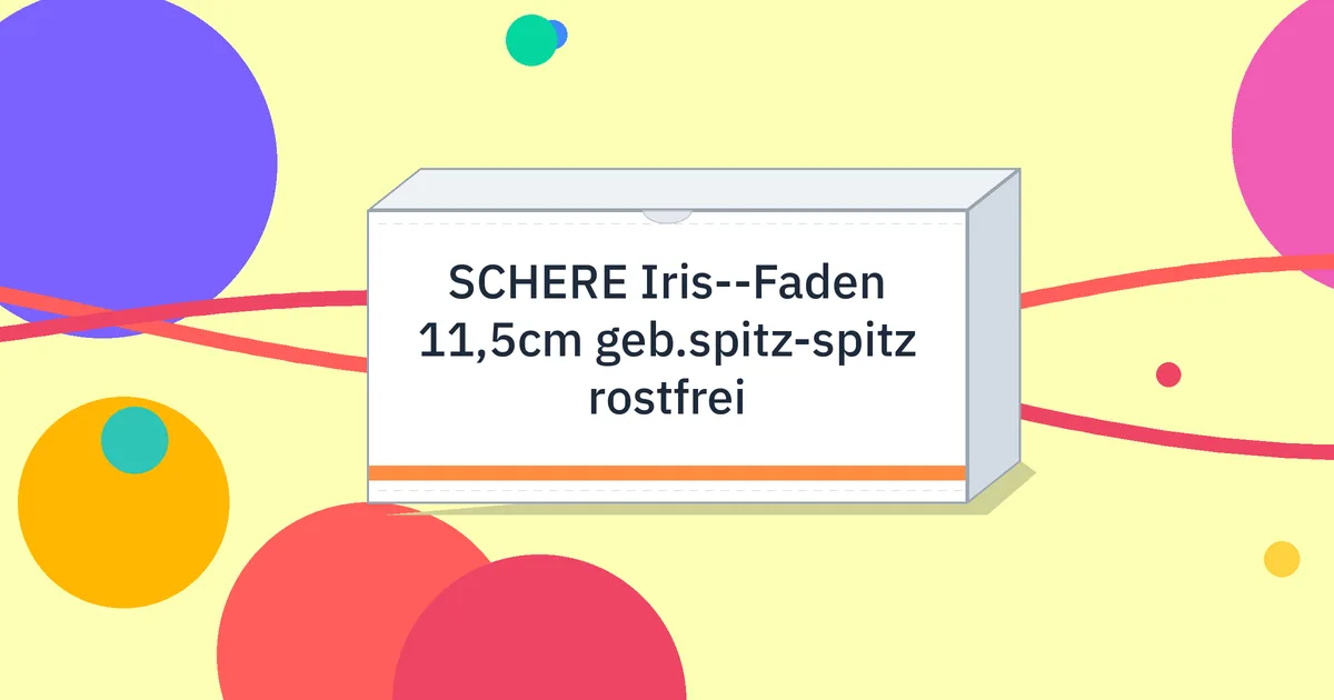 Symbolbild: Packung mit der Aufschrift SCHERE Iris--Faden 11,5cm geb.spitz-spitz rostfrei (PZN 20015937) – Verfügbarkeit und Bezug in Apotheken in Frankfurt am Main