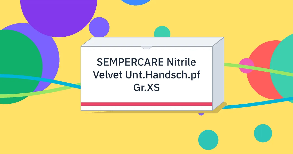 Symbolbild: Packung mit der Aufschrift SEMPERCARE Nitrile Velvet Unt.Handsch.pf Gr.XS (PZN 12643849) – Verfügbarkeit und Bezug in Apotheken in Frankfurt am Main