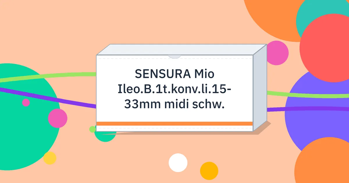 Symbolbild: Packung mit der Aufschrift SENSURA Mio Ileo.B.1t.konv.li.15-33mm midi schw. (PZN 19273278) – Verfügbarkeit und Bezug in Apotheken in Frankfurt am Main