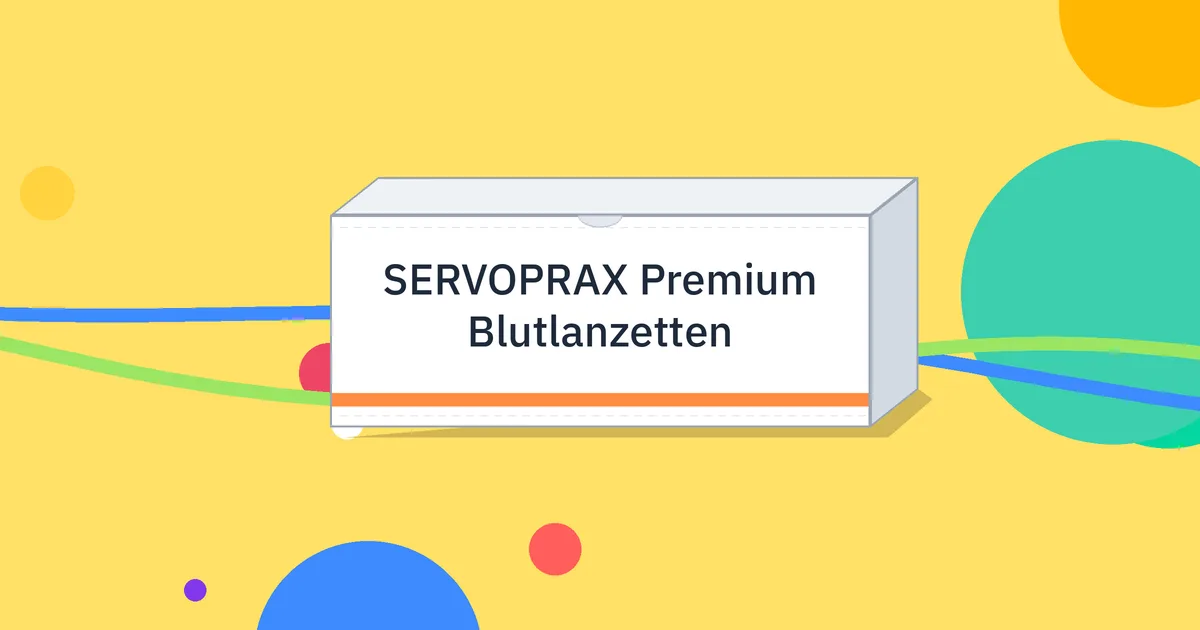 Symbolbild: Packung mit der Aufschrift SERVOPRAX Premium Blutlanzetten (PZN 12150259) – Verfügbarkeit und Bezug in Apotheken in Frankfurt am Main