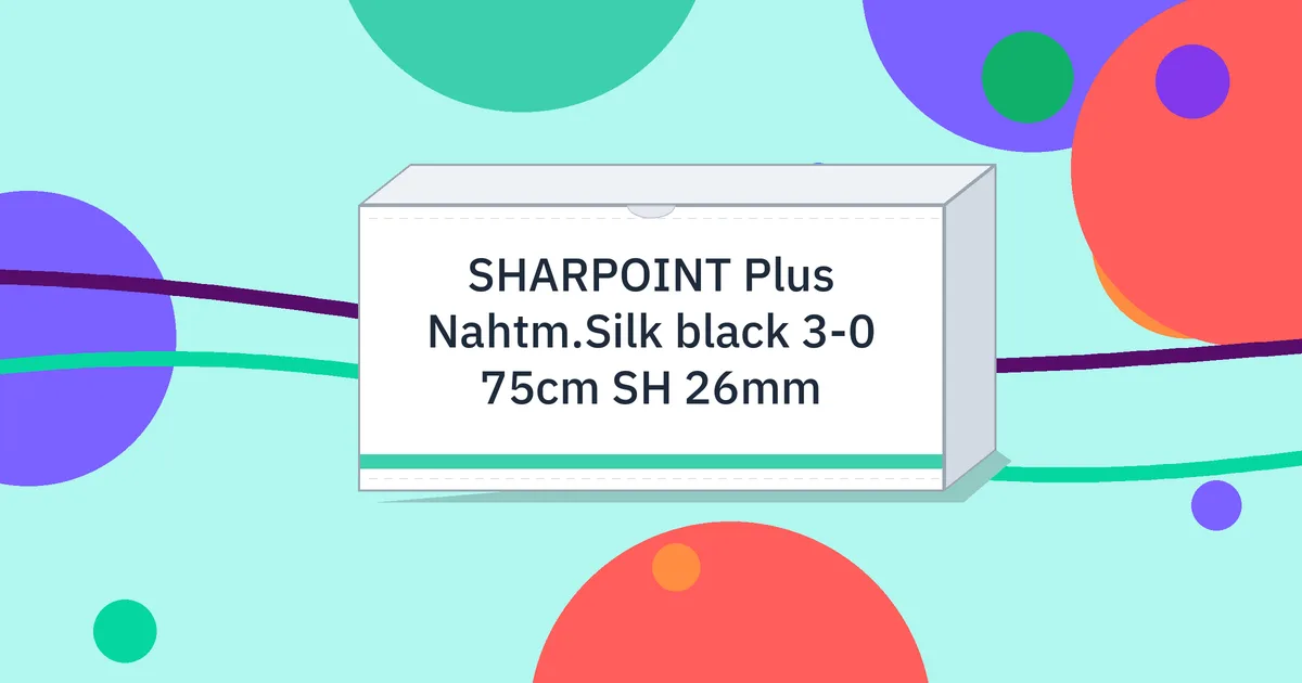 Symbolbild: Packung mit der Aufschrift SHARPOINT Plus Nahtm.Silk black 3-0 75cm SH 26mm (PZN 17994720) – Verfügbarkeit und Bezug in Apotheken in Frankfurt am Main