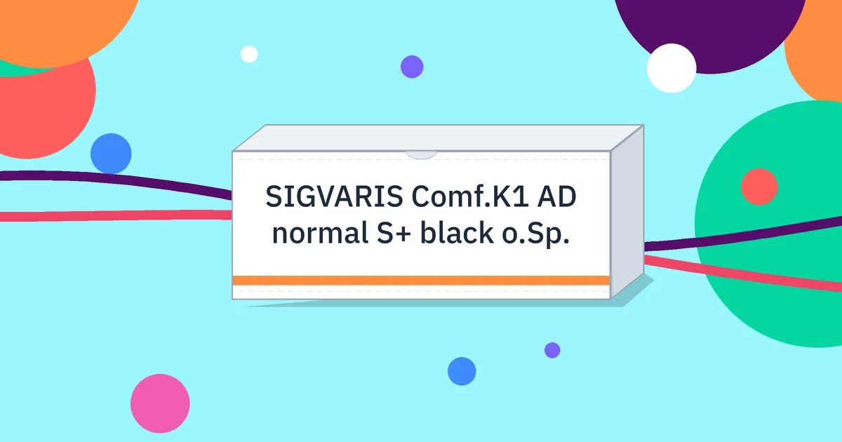 Symbolbild: Packung mit der Aufschrift SIGVARIS Comf.K1 AD normal S+ black o.Sp. (PZN 17041434) – Verfügbarkeit und Bezug in Apotheken in Frankfurt am Main