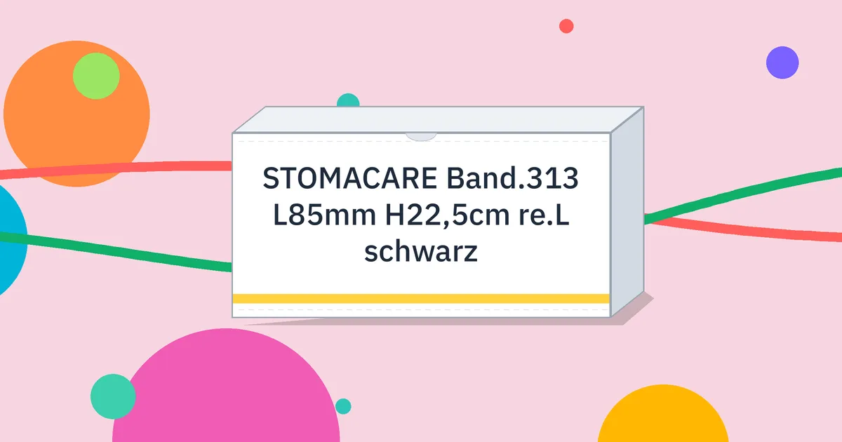 Symbolbild: Packung mit der Aufschrift STOMACARE Band.313 L85mm H22,5cm re.L schwarz (PZN 10841640) – Verfügbarkeit und Bezug in Apotheken in Frankfurt am Main