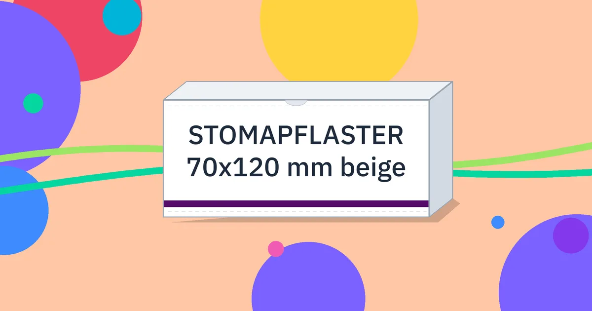 Symbolbild: Packung mit der Aufschrift STOMAPFLASTER 70x120 mm beige (PZN 16034567) – Verfügbarkeit und Bezug in Apotheken in Frankfurt am Main
