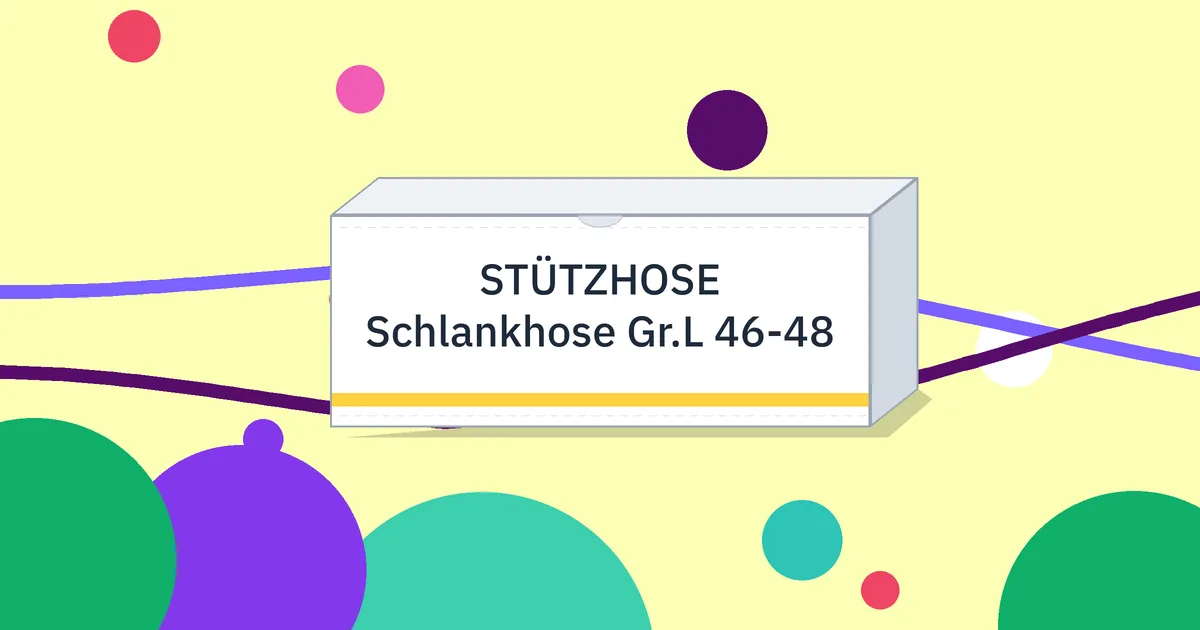 Symbolbild: Packung mit der Aufschrift STÜTZHOSE Schlankhose Gr.L 46-48 (PZN 03075748) – Verfügbarkeit und Bezug in Apotheken in Frankfurt am Main
