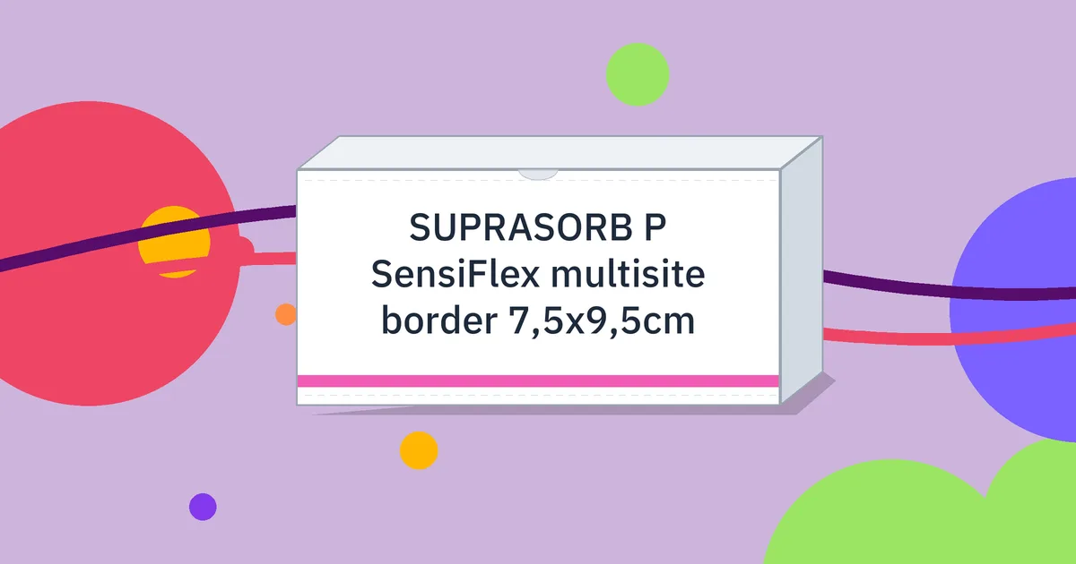 Symbolbild: Packung mit der Aufschrift SUPRASORB P SensiFlex multisite border 7,5x9,5cm (PZN 20085116) – Verfügbarkeit und Bezug in Apotheken in Frankfurt am Main
