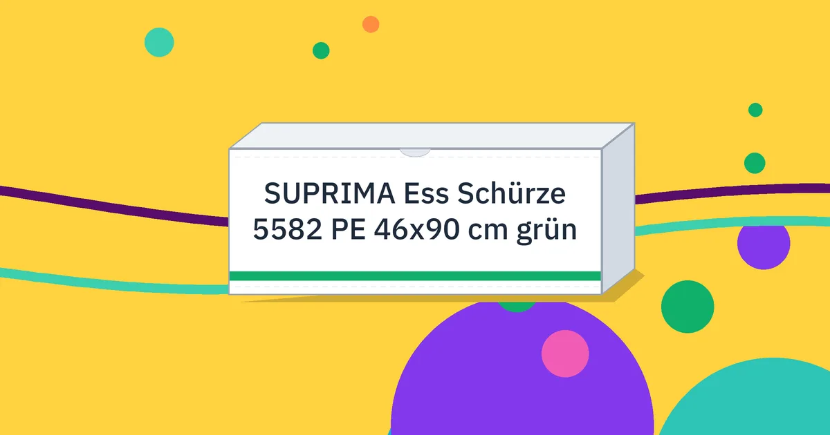 Symbolbild: Packung mit der Aufschrift SUPRIMA Ess Schürze 5582 PE 46x90 cm grün (PZN 12749068) – Verfügbarkeit und Bezug in Apotheken in Frankfurt am Main