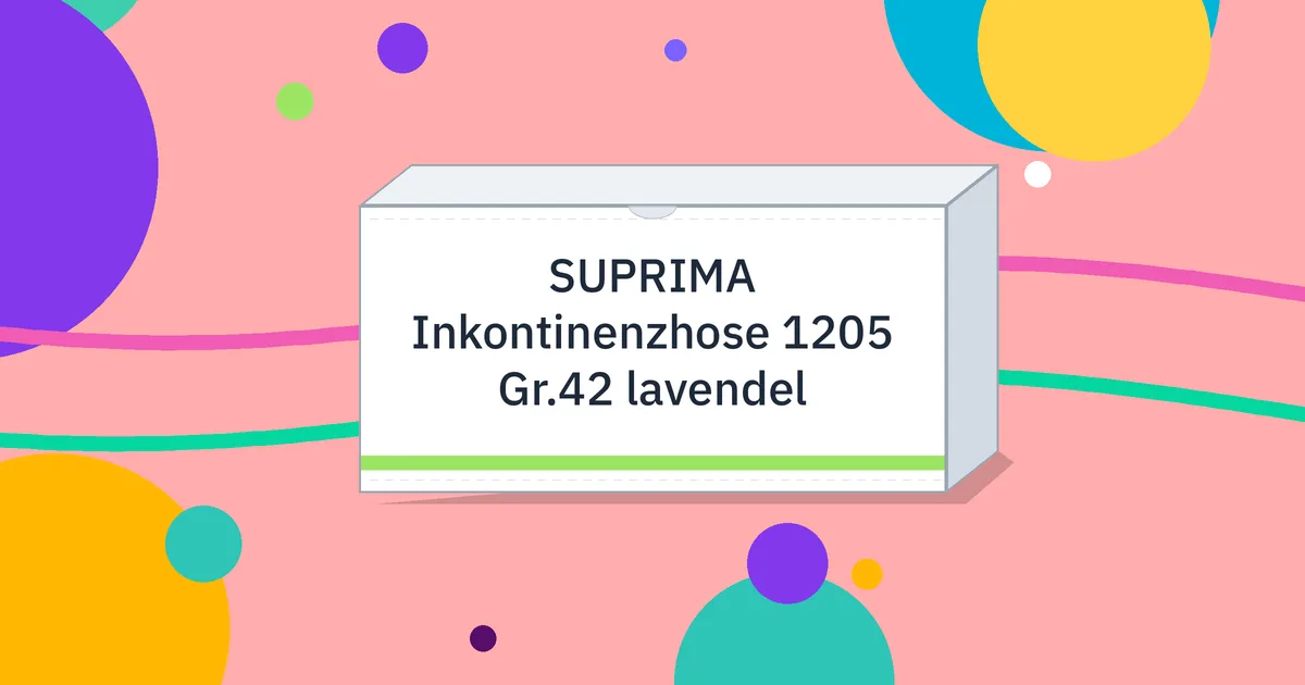 Symbolbild: Packung mit der Aufschrift SUPRIMA Inkontinenzhose 1205 Gr.42 lavendel (PZN 01634244) – Verfügbarkeit und Bezug in Apotheken in Frankfurt am Main