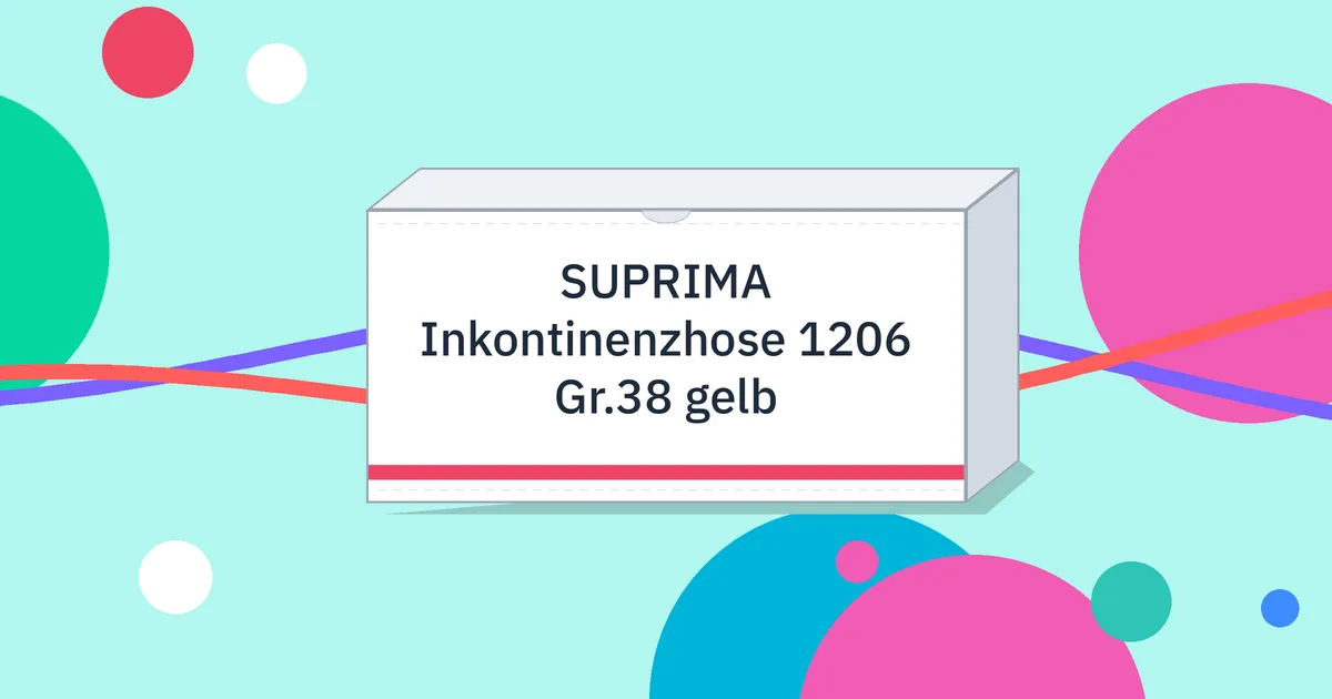 Symbolbild: Packung mit der Aufschrift SUPRIMA Inkontinenzhose 1206 Gr.38 gelb (PZN 01514818) – Verfügbarkeit und Bezug in Apotheken in Frankfurt am Main