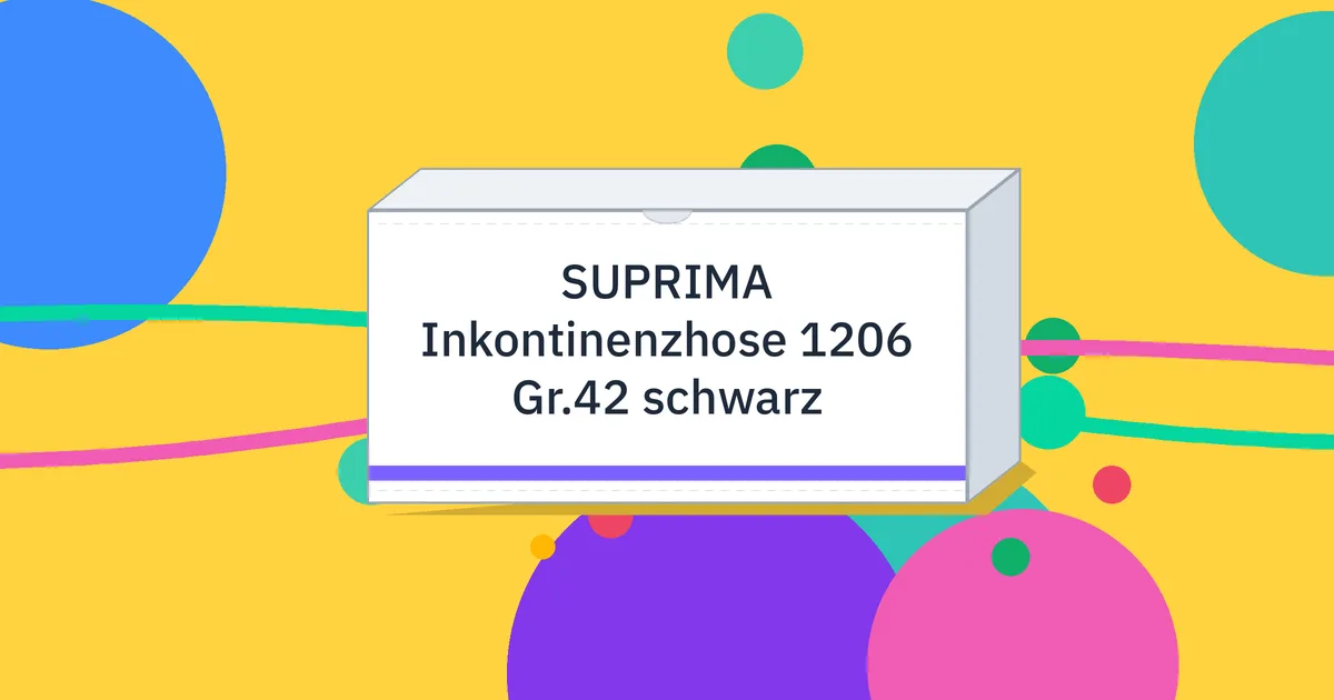 Symbolbild: Packung mit der Aufschrift SUPRIMA Inkontinenzhose 1206 Gr.42 schwarz (PZN 01514209) – Verfügbarkeit und Bezug in Apotheken in Frankfurt am Main