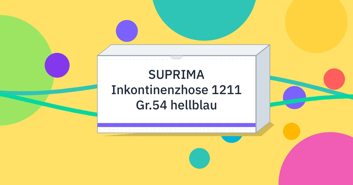 Symbolbild: Packung mit der Aufschrift SUPRIMA Inkontinenzhose 1211 Gr.54 hellblau (PZN 03024219) – Verfügbarkeit und Bezug in Apotheken in Frankfurt am Main