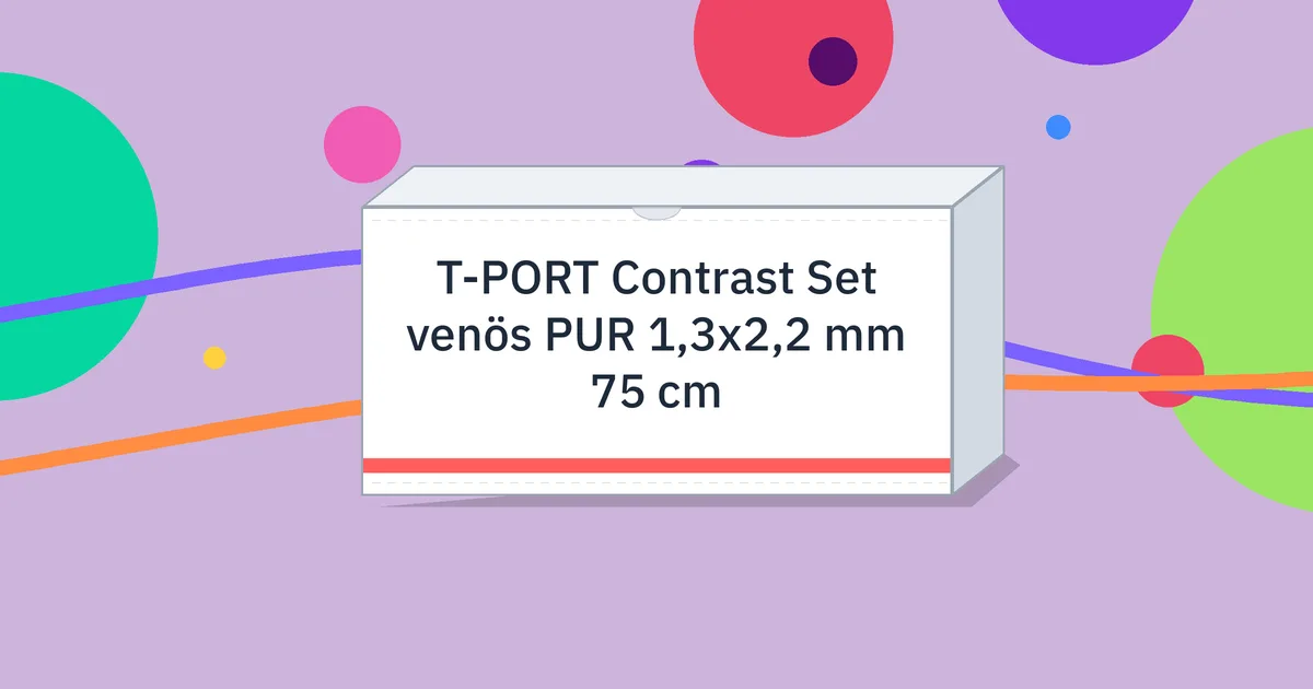 Symbolbild: Packung mit der Aufschrift T-PORT Contrast Set venös PUR 1,3x2,2 mm 75 cm (PZN 07591292) – Verfügbarkeit und Bezug in Apotheken in Frankfurt am Main